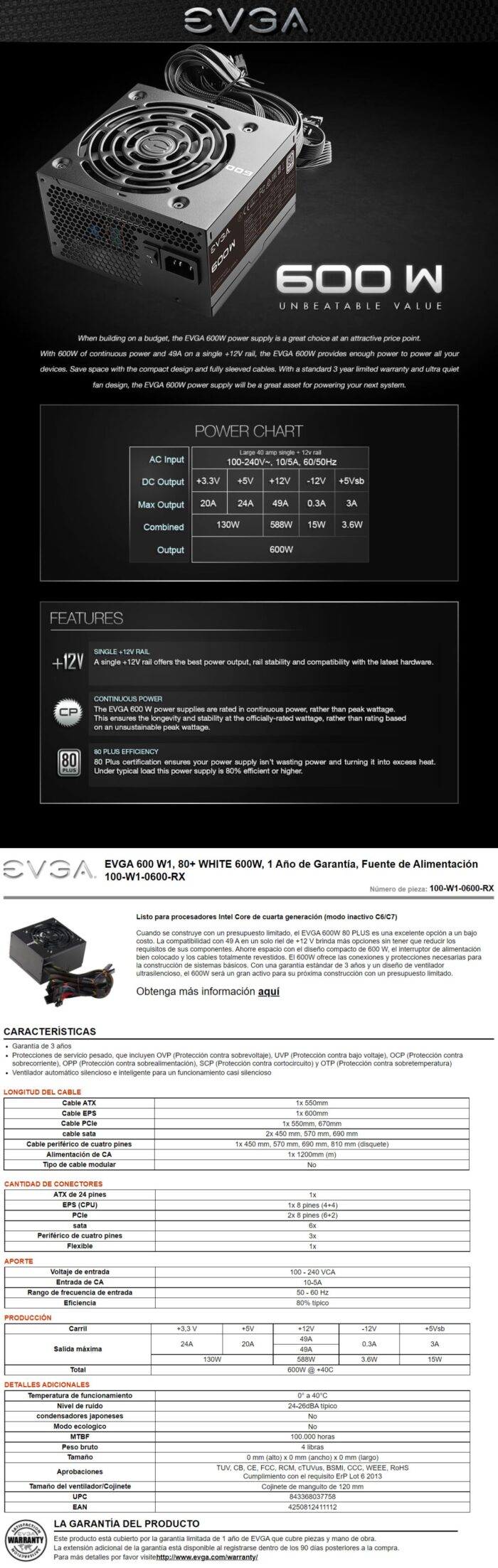 FUENTE EVGA 600W 80PLUS WHITE, 100-W1-0600-K1 | Gamerbit